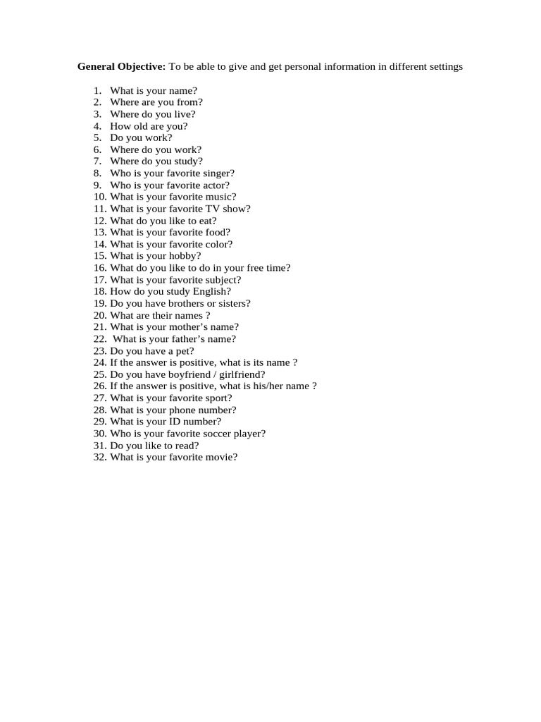 Personal Information Questions 49759 | PDF