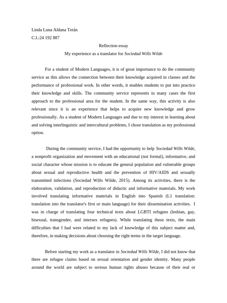 Reflection essay - Linda Aldana | PDF | Translations | Lgbt