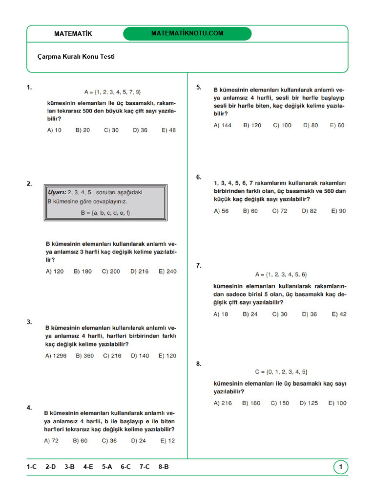 Çarpma Kuralı Konu Testi | PDF