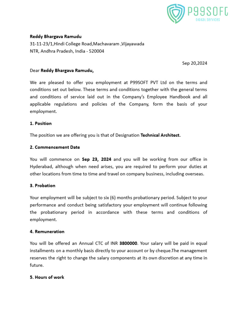 Signed Full Time Job Offer Letter - Reddy Bhargava Ramudu | PDF | Taxes ...