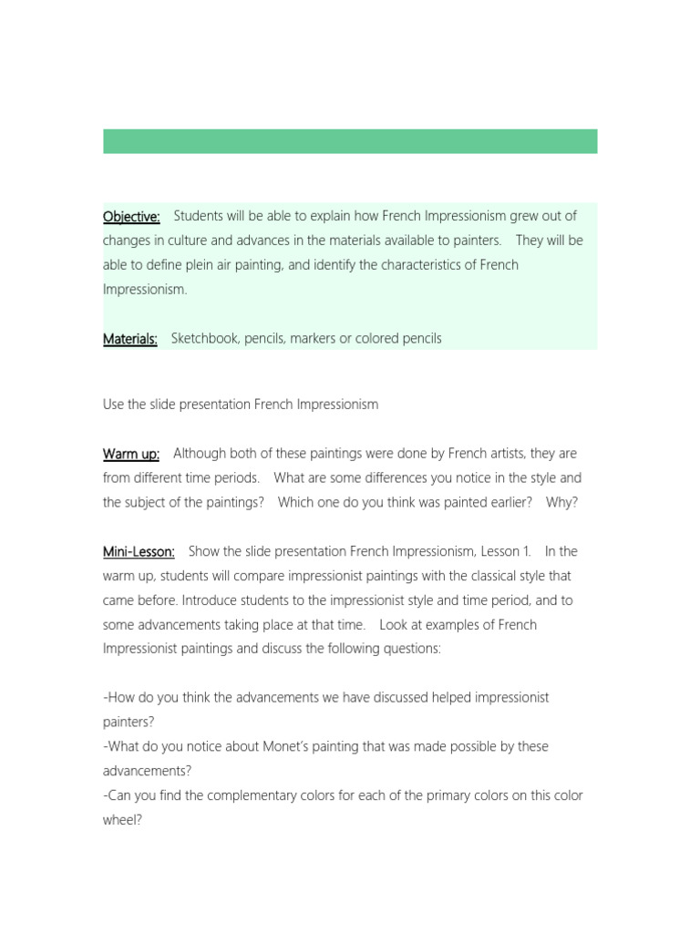 Unit 2: French Impressionism: Objective | PDF | Impressionism | Paintings