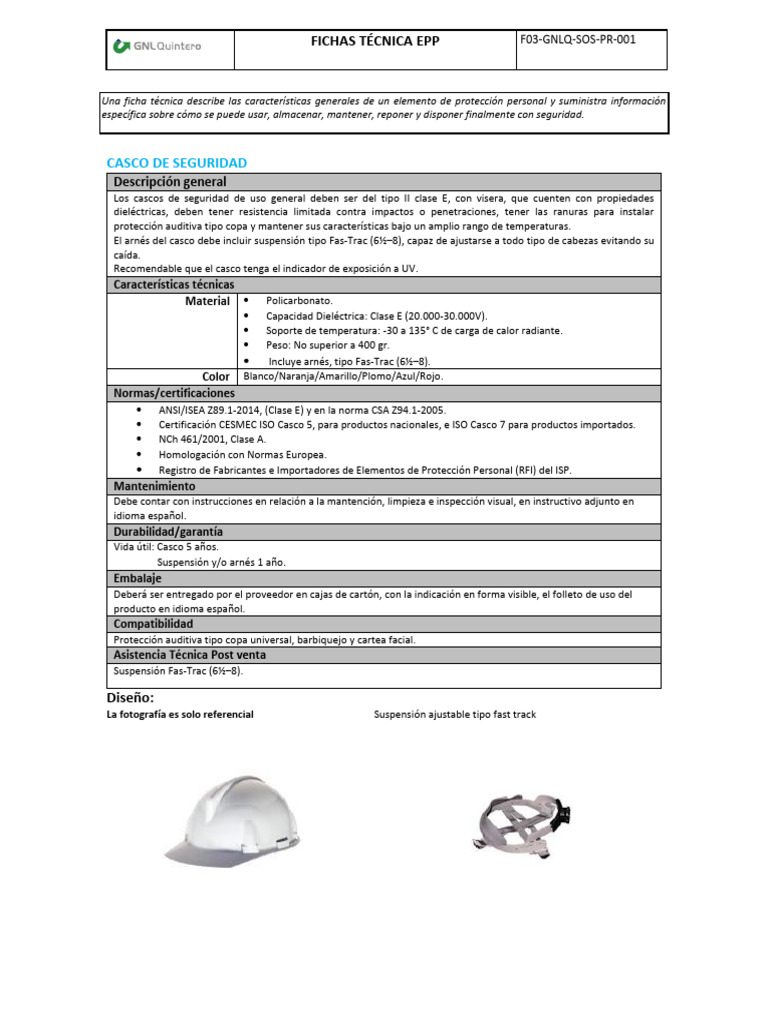 Anexo 23 - F03-GNLQ-SOS-PR-001 Ficha Técnica EPP | PDF | Calzado | Casco