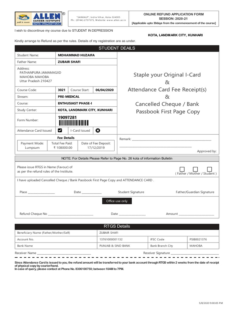 Refund Application Form | PDF | Cheque | Banks