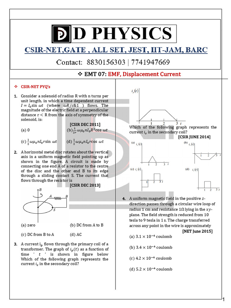 Complete Electrodynamics PYQ's D PHYSICS | PDF | Magnetic Field | Waves