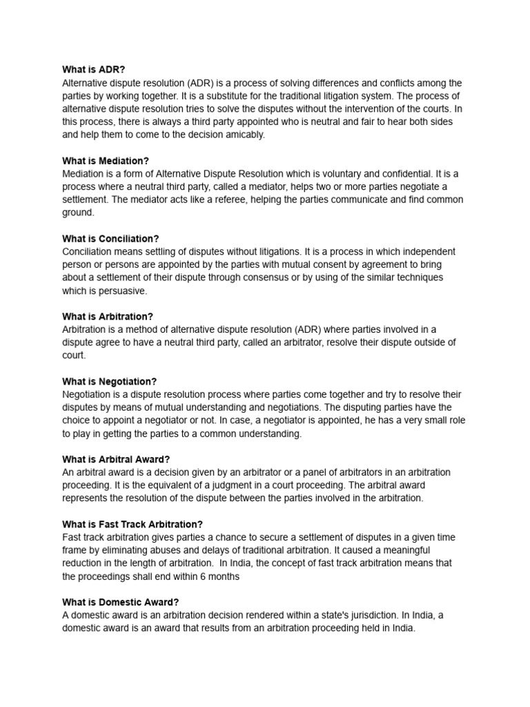 ADR Questions and Answers For VIVA | PDF | Alternative Dispute ...