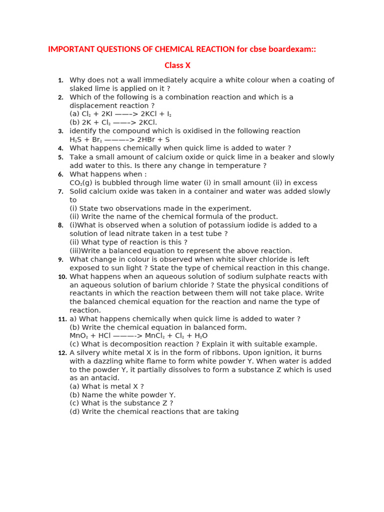 IMP QUES CHEMICAL RXN 10th | PDF