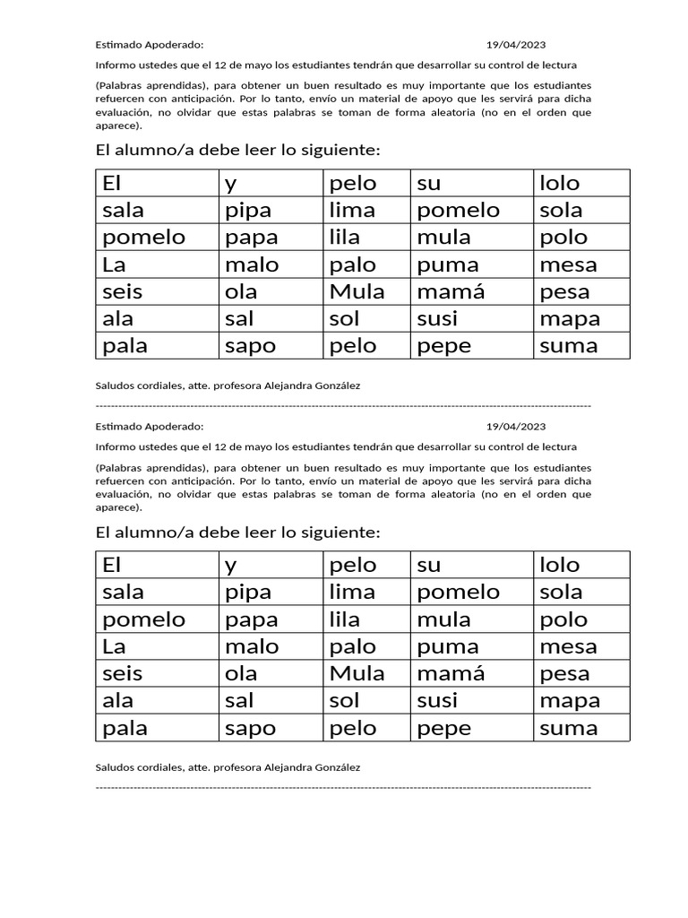 Estimado Apoderado PALABRAS CONTROLDE LECTURA PALABRAS | PDF