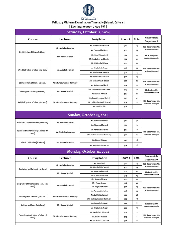 Fall 2024 Midterm Exam Schedule | PDF | Monotheism | Religious Faiths