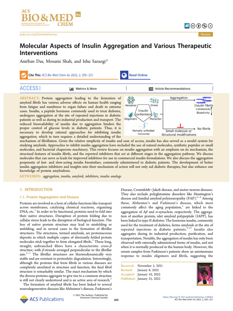 (2022) Molecular Aspects of Insulin Aggregation and Various Therapeutic ...