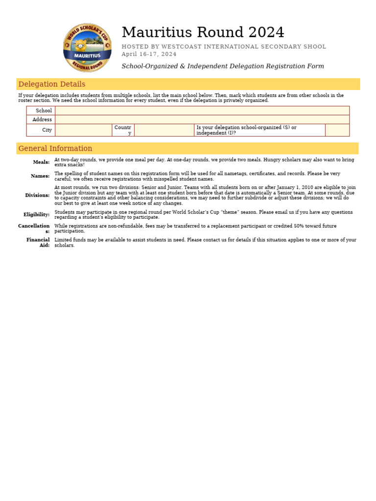 WSC Mauritius Round Registration Form 2024 | PDF