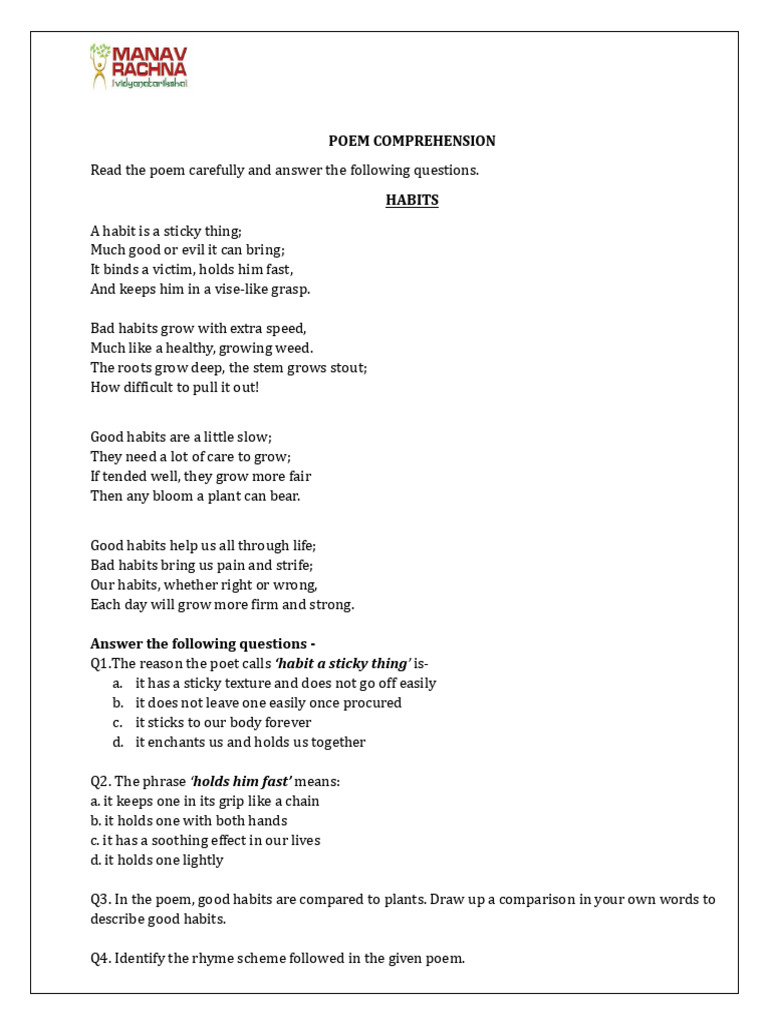 GR VI - Poem Comprehension - Habits | PDF