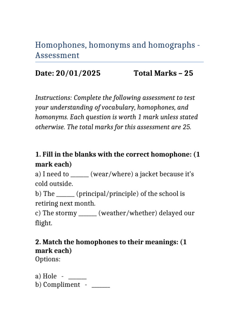 Homophones, Homonyms and Homographs - Assessment - Jan 20 | PDF
