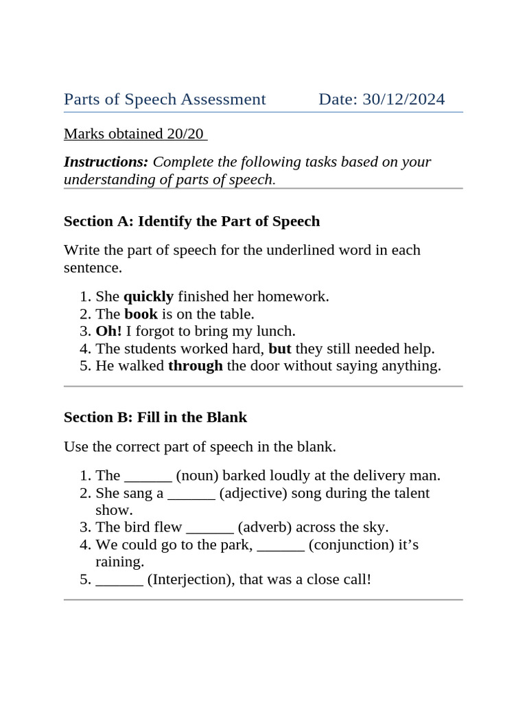 Parts of Speech Assessment Guide | PDF