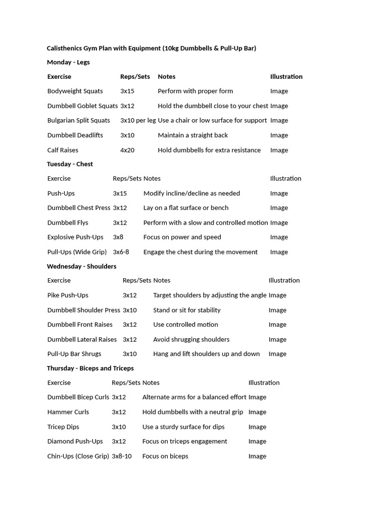 Calisthenics Workout Plan with Dumbbells | PDF | Physical Fitness ...