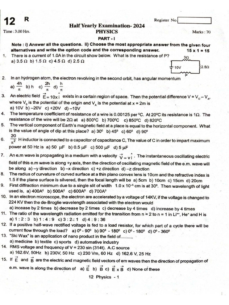 12th Physics Half Yearly Exam 2024 Original Question Paper Erode District English Medium PDF ...