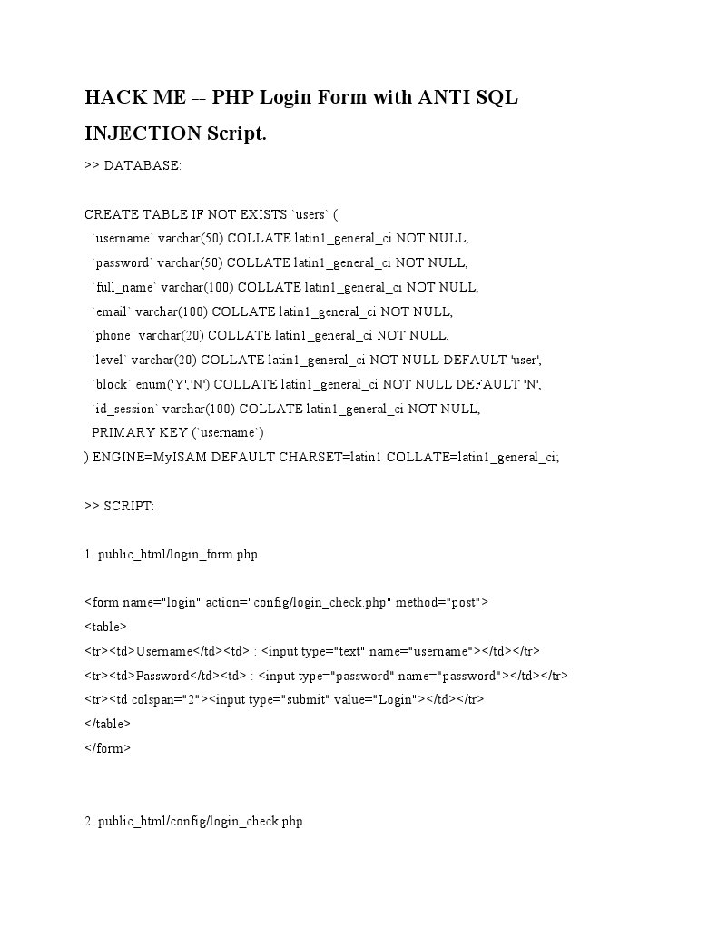 Php Login Form With Anti Sql Injection Script Pdf Secure Communication Cybercrime