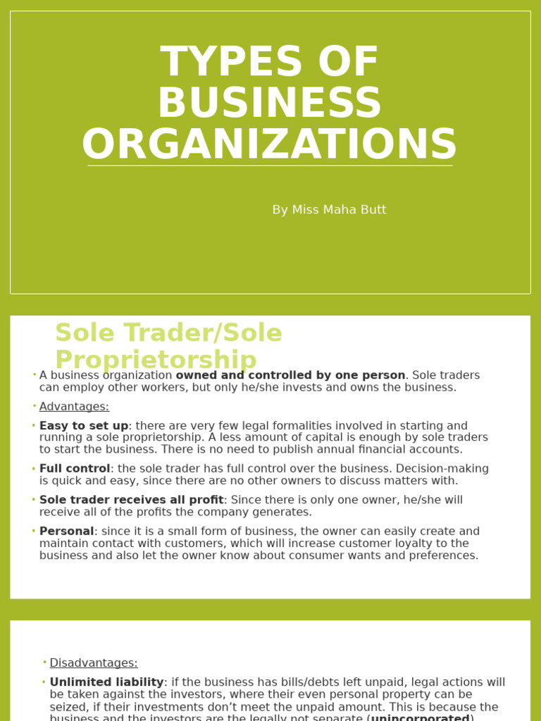 Overview of Business Organization Types | PDF | Partnership | Sole ...