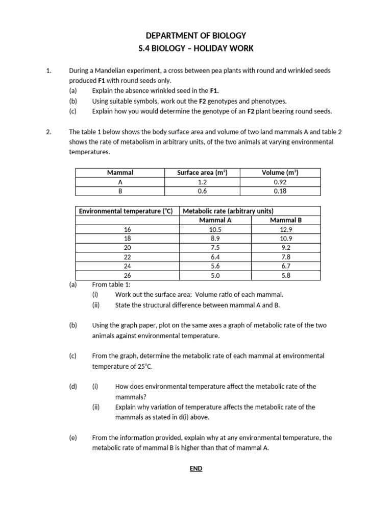 S.4 Biology Holiday Work | PDF | Genotype | Mammals