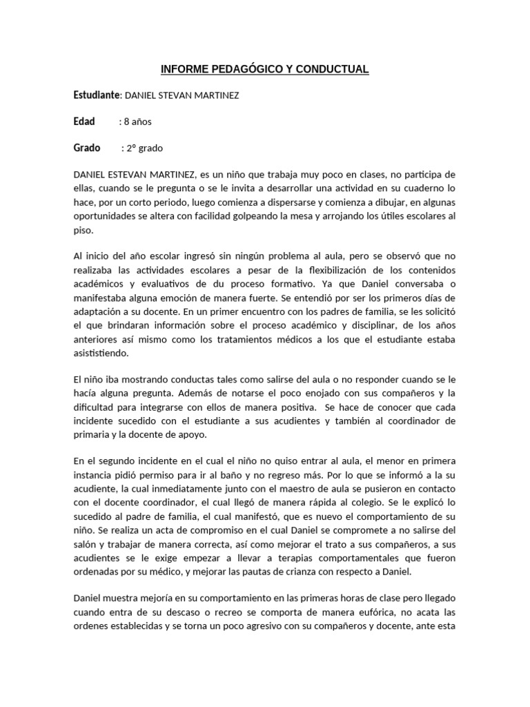 INFORME PEDAGÓGICO Y CONDUCTUAL.Daniel Martinez | PDF | Salón de clases ...