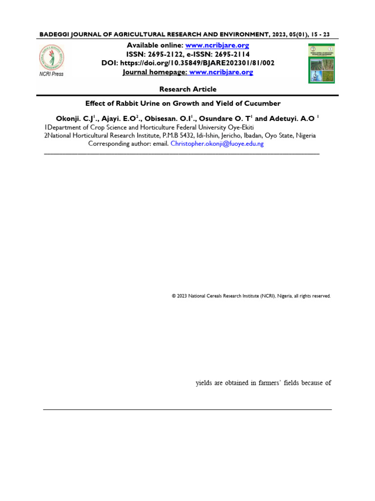 81 Effect of Rabbit Urine On Growth and Yield of Cucumber | PDF ...