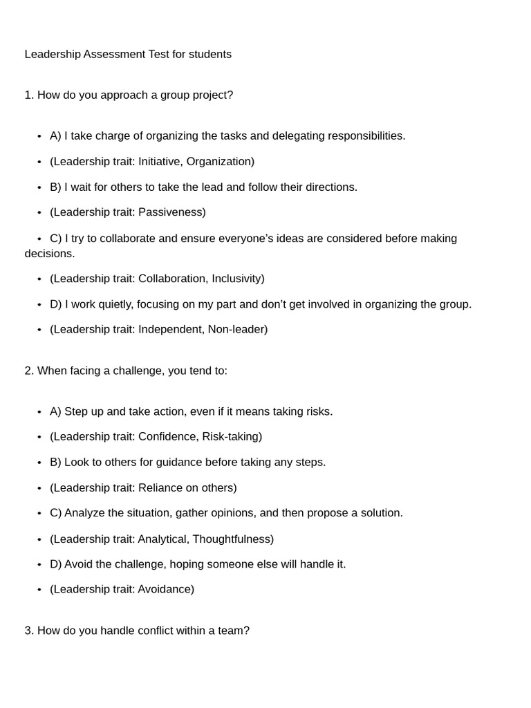 Student Leadership Assessment Quiz | PDF | Leadership | Mindset