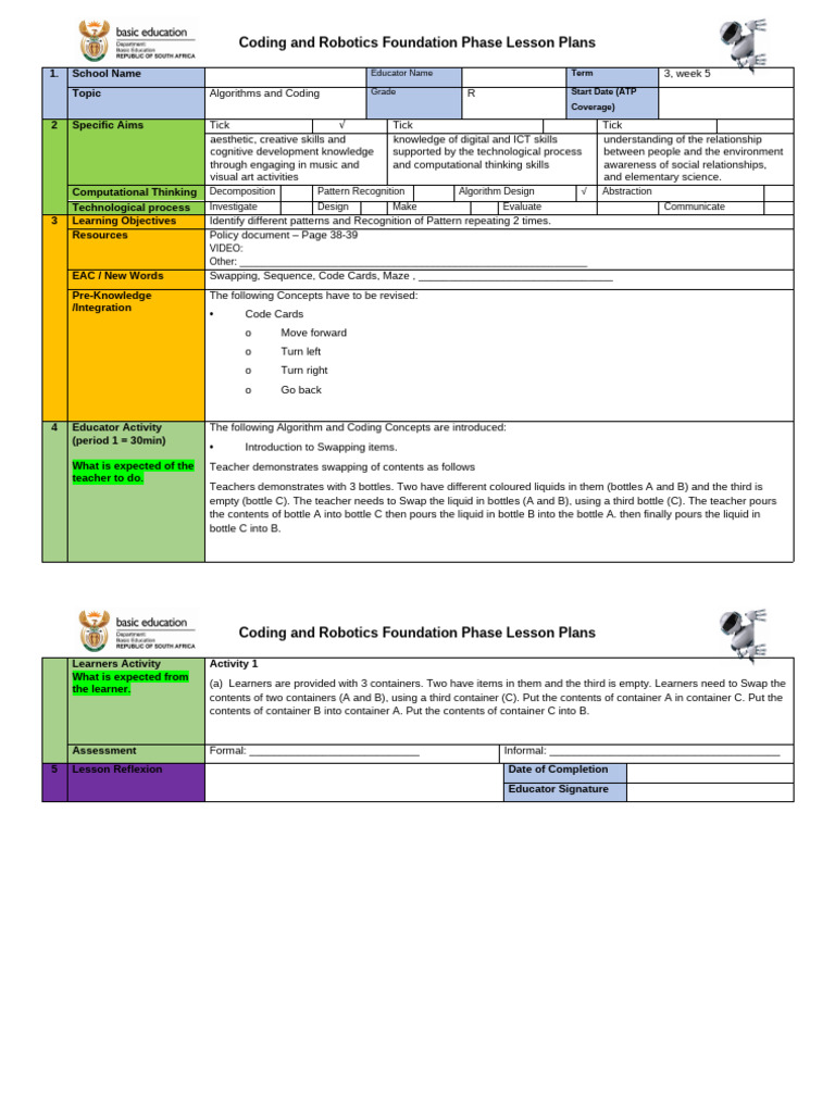 Grade R Algorithms and Coding Lesson | PDF | Learning | Lesson Plan