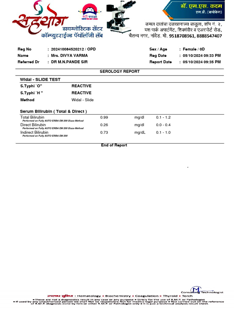Serology and Hematology Report for Divya Varma | PDF | Blood | Medical ...