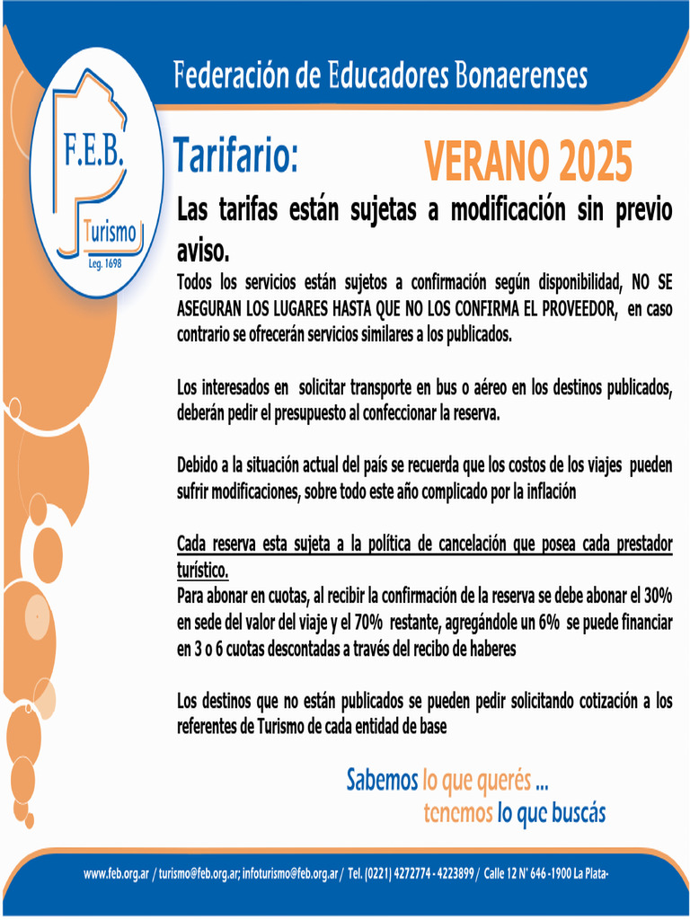 Tarifario Verano 2025 | PDF | Turismo