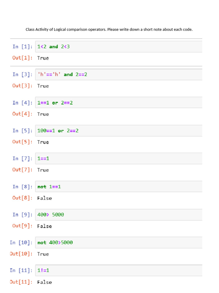 Class Activity of Logical Comparison Operators | PDF