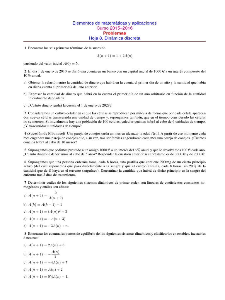 Elementos de Matem Aticas y Aplicaciones Hoja 8. Din Amica Discreta ...