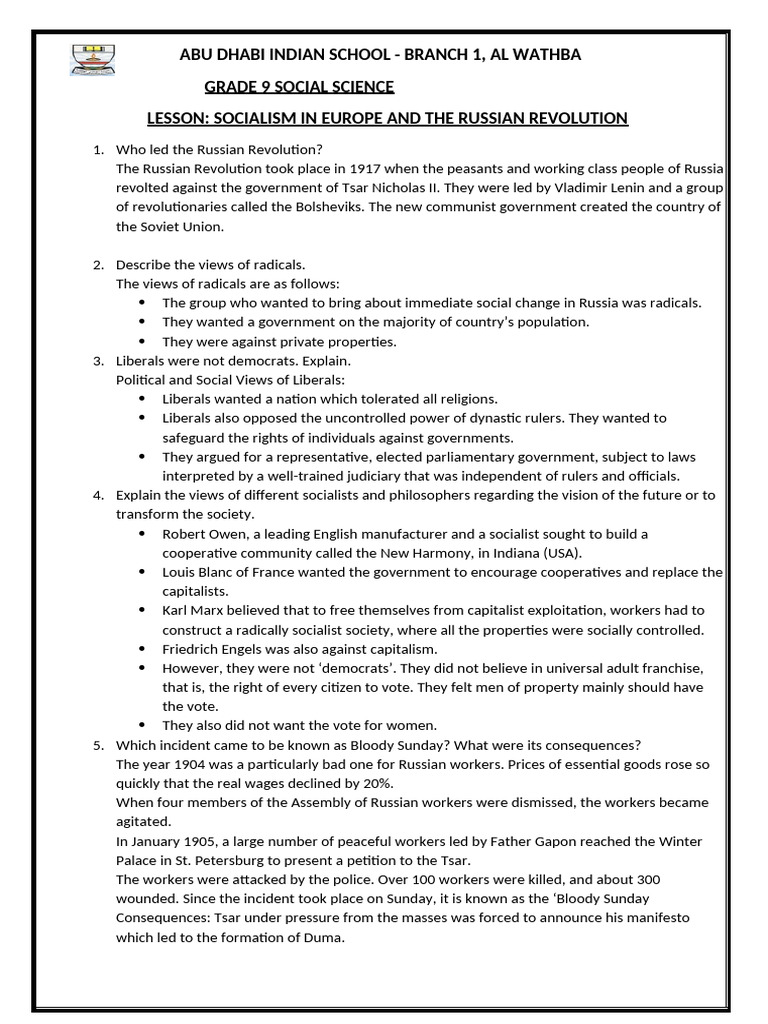 2024-25 Grade 9 Notes Russian Revolution | PDF | Vladimir Lenin ...