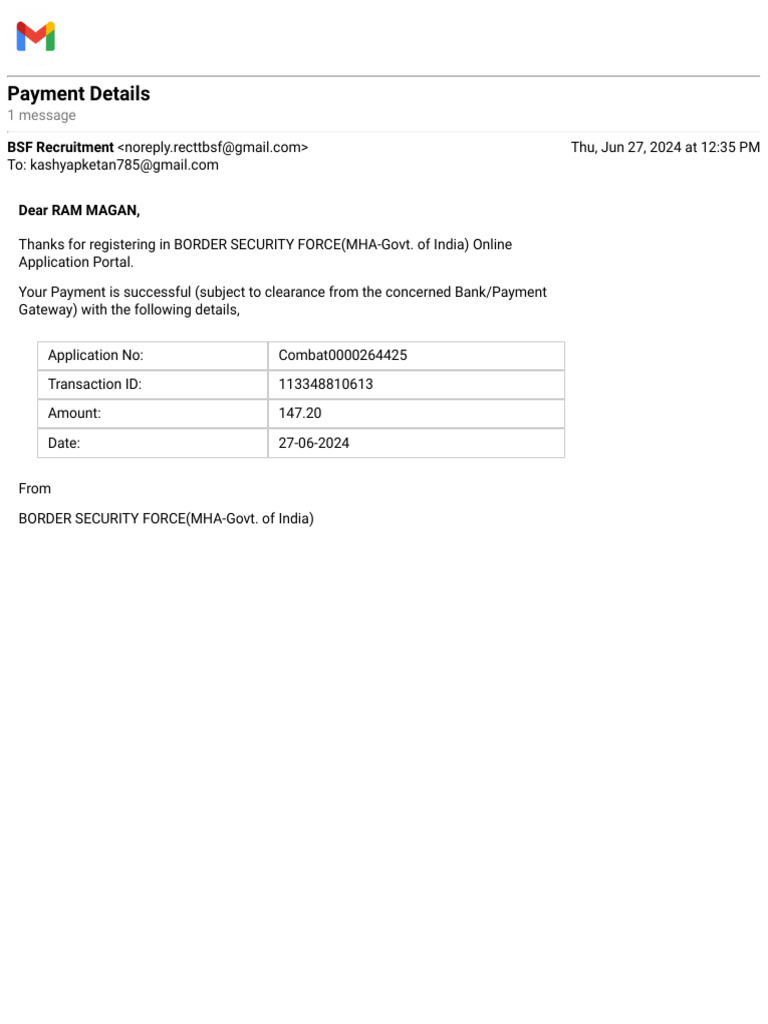 BSF Application Payment Confirmation | PDF