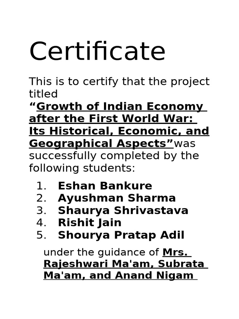 Indian Economy Post-WWI Project Certificate | PDF