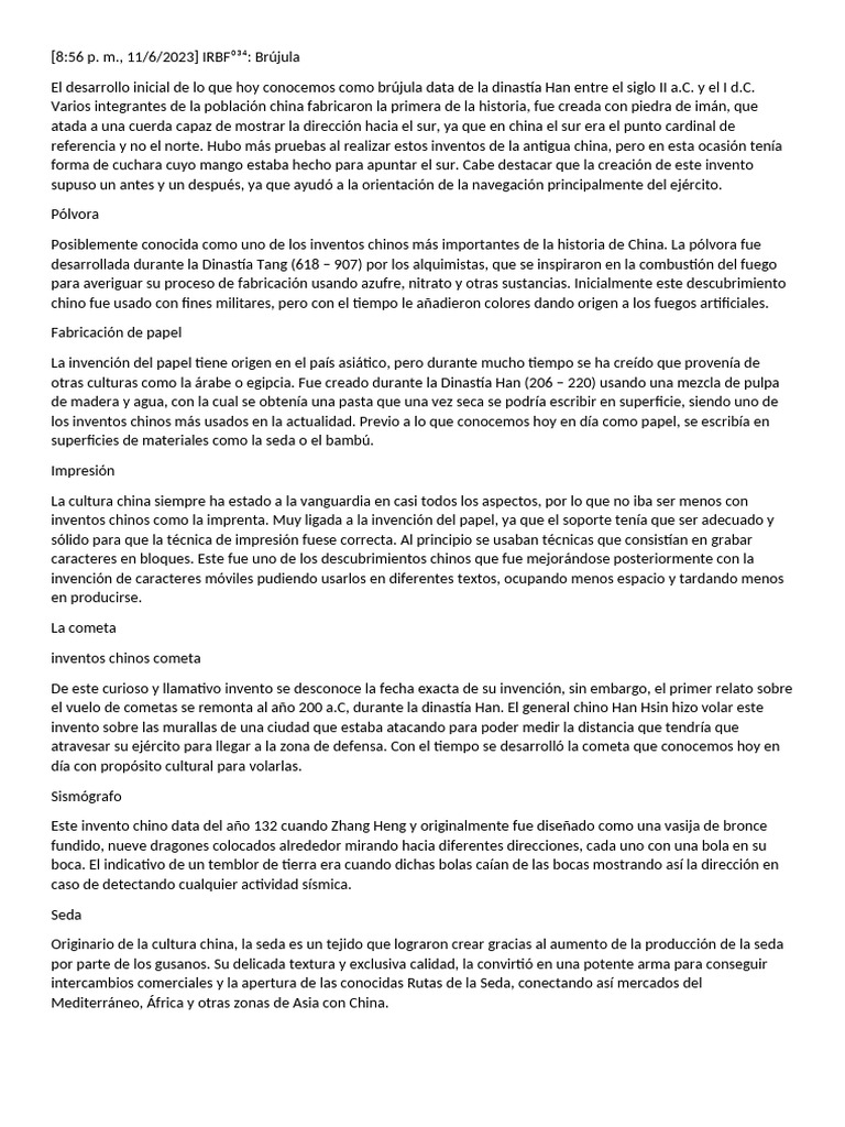 Inventos Chinos: Brújula y Más | PDF | Pólvora | Imprenta