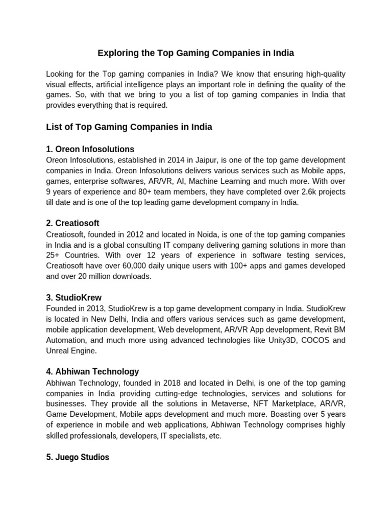 Top Gaming Companies in India 2023 | PDF | Mobile App | Unity (Game Engine)