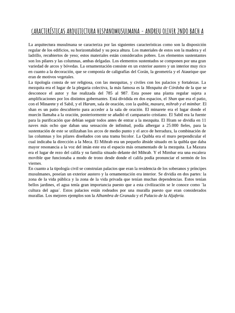 Características Arquitectura Hispanomusulmana-Andreu Oliver 2ndo Bach A | PDF | Mezquita ...