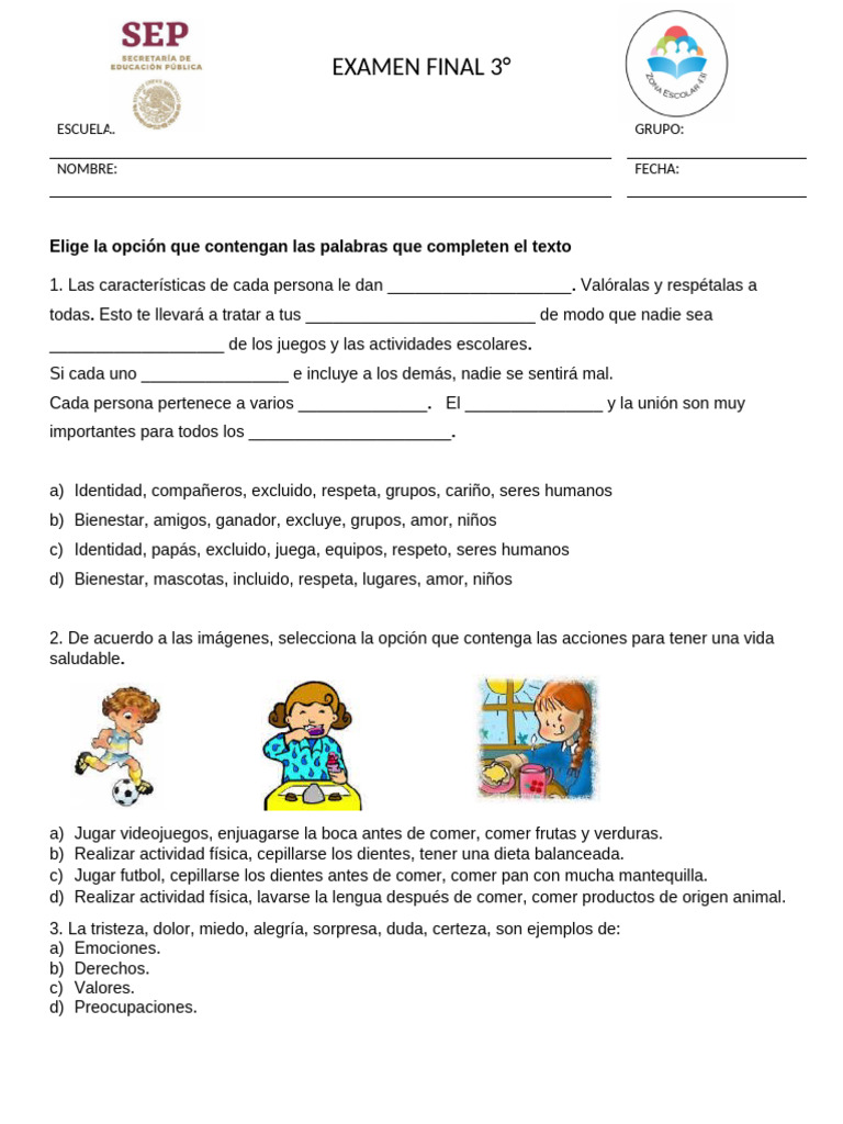 EXAMEN FINAL TERCER GRADO | PDF