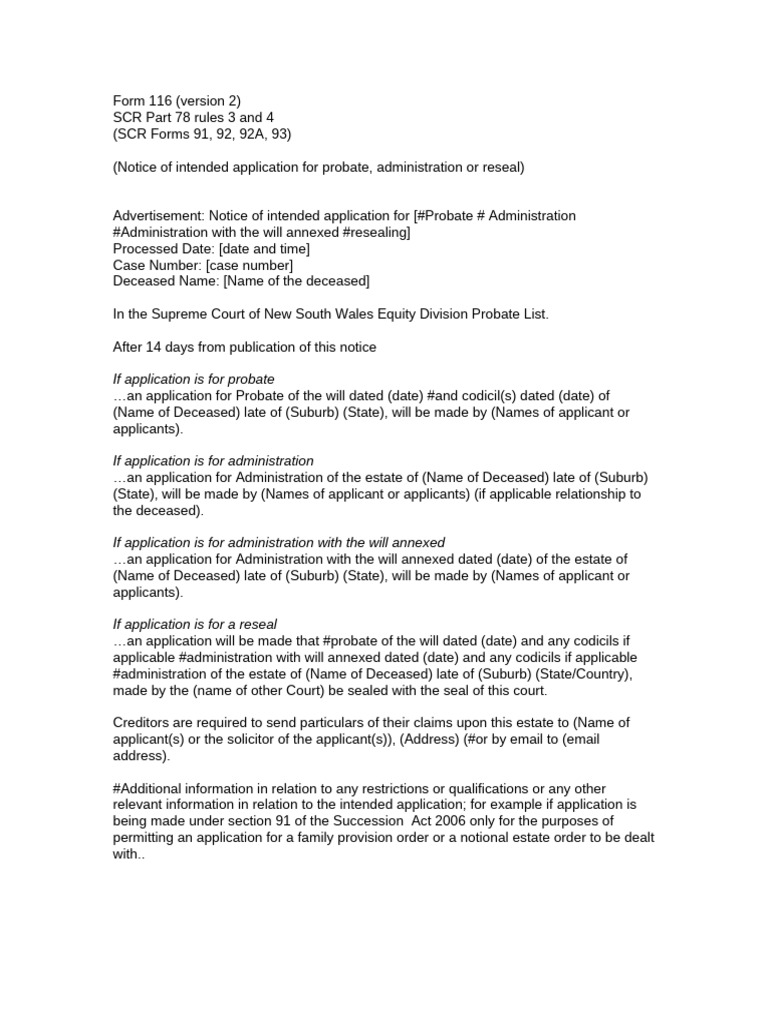Probate Application Notice Template | PDF