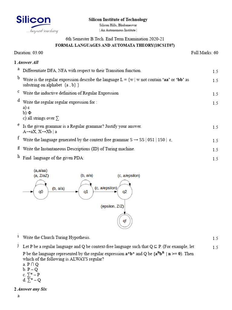 Formal Languages and Automata Theory(18cs1t07) - End Term Exam. 2020-2021 | PDF | Theory Of ...