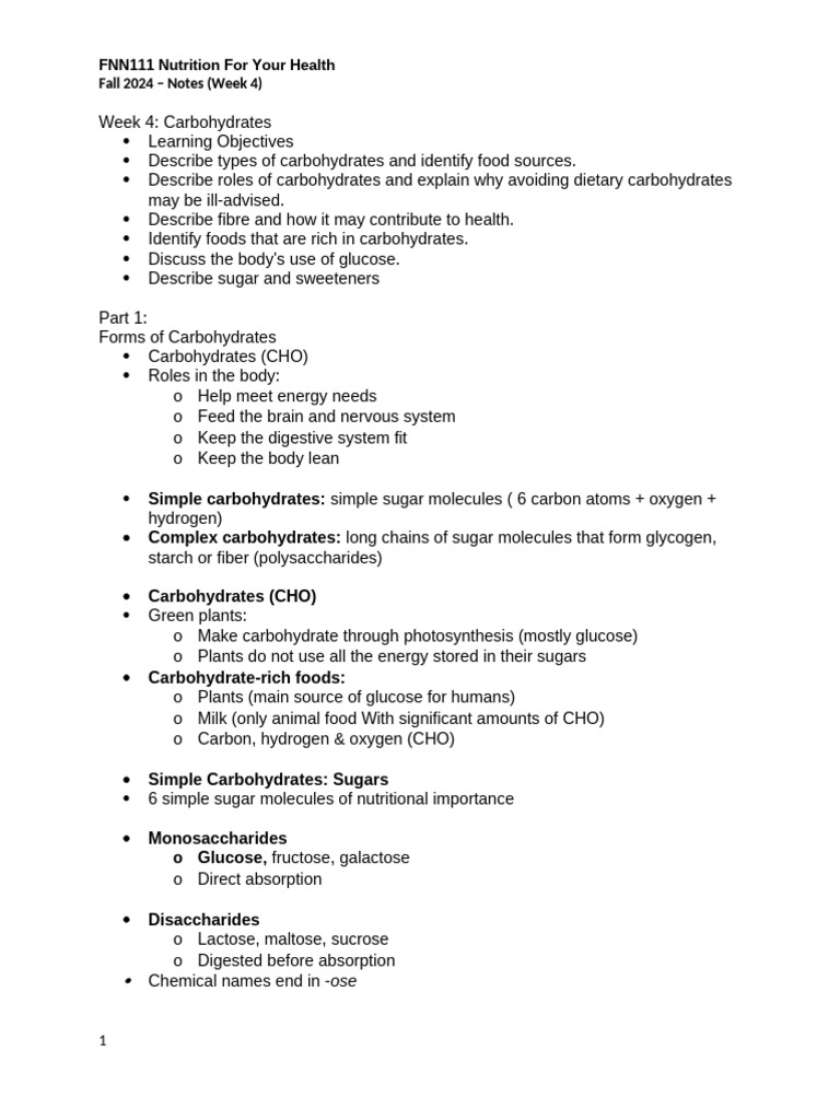 Fall 24 Week 4 Notes Handouts | PDF | Carbohydrates | Dietary Fiber
