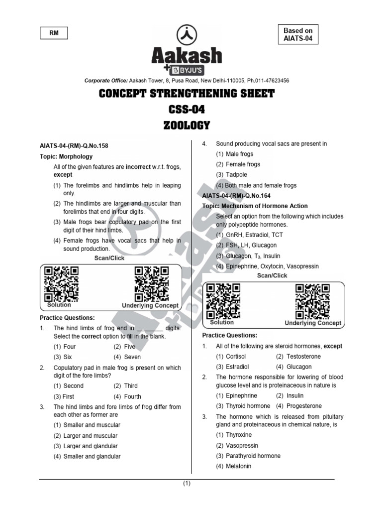 Concept Strengthening Sheet CSS 04 Based On AIATS 04 RM Zoology | PDF | Bile | Norepinephrine