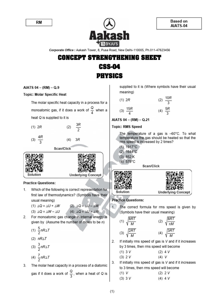 Concept Strengthening Sheet CSS 04 Based On AIATS 04 RM Physics | PDF | Sound | Gases