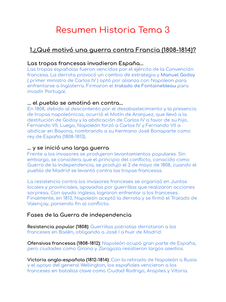 Resumen Historia Tema3 | PDF | Guerra peninsular | Napoleón