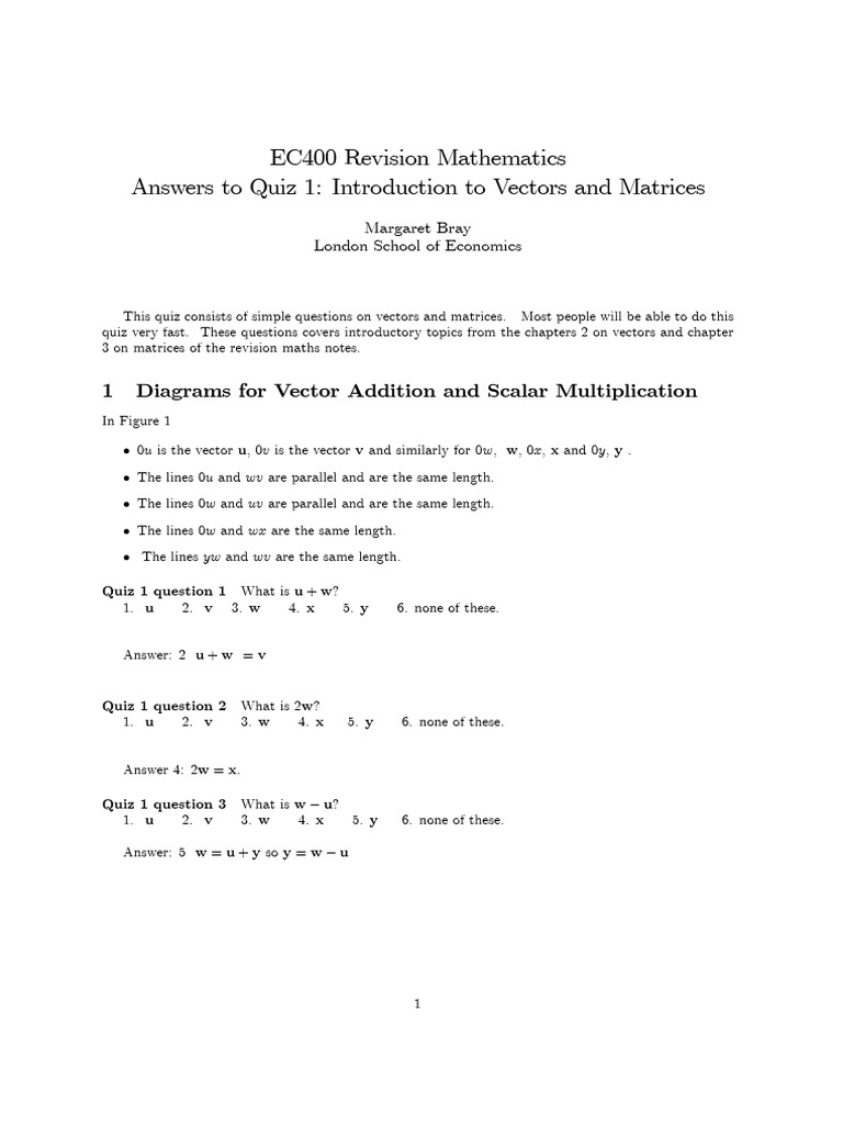 Quiz 1 Introduction To Vectors and Matrices, Answers | PDF | Matrix ...