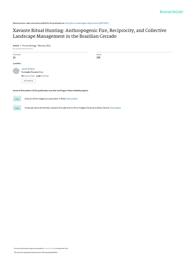 WELCH. Xavante Ritual Hunting. Anthropogenic Fire, Reciprocity, and ...