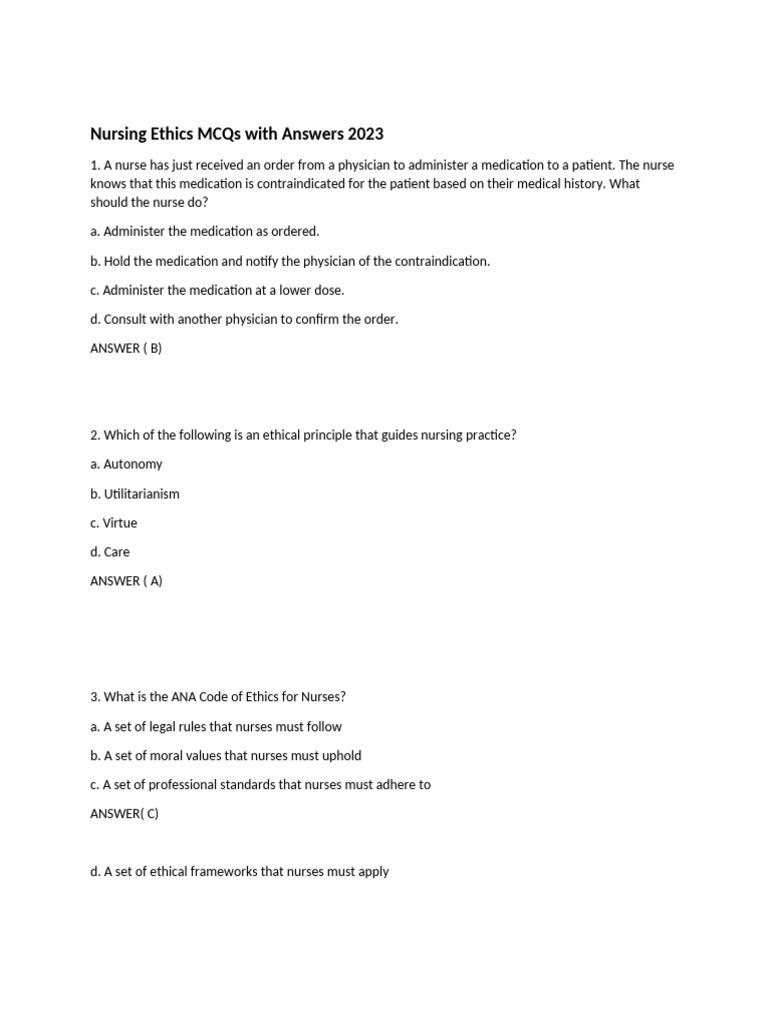 Nursing Ethics MCQs With Answers 2023 | PDF | Nursing | Informed Consent