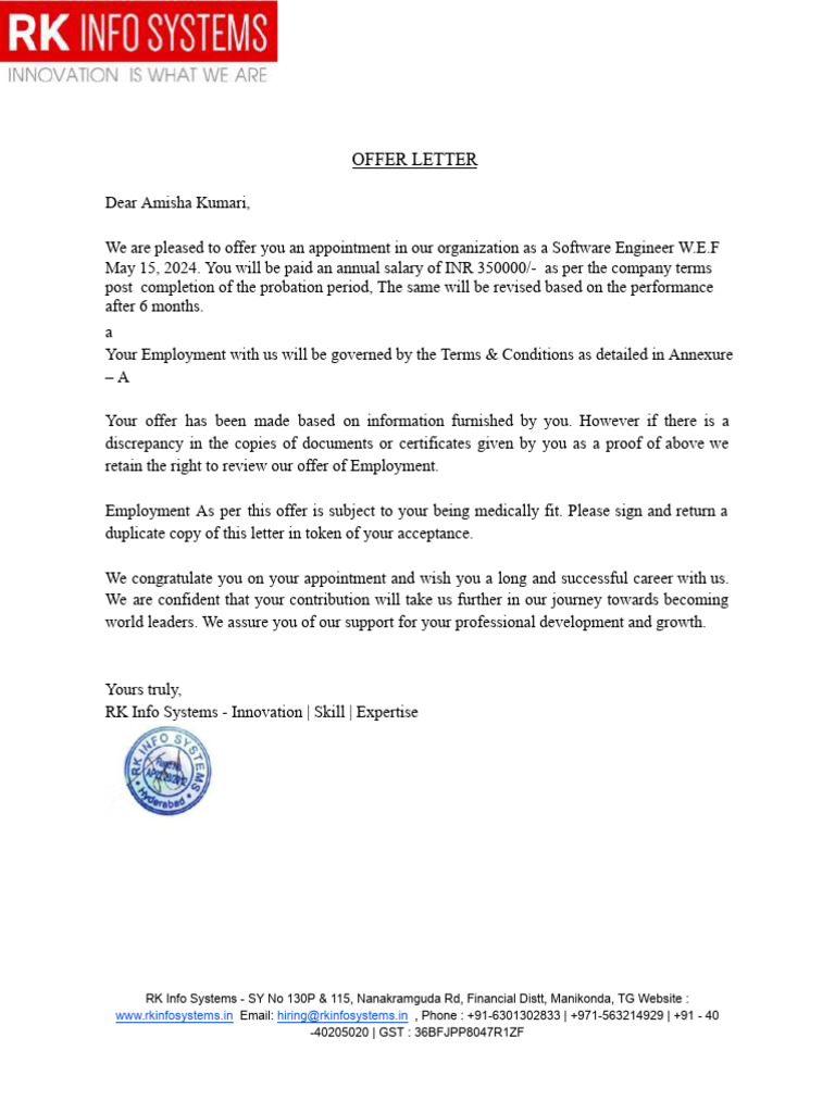 Amisha Kumari - RK Info Systems | PDF | Salary