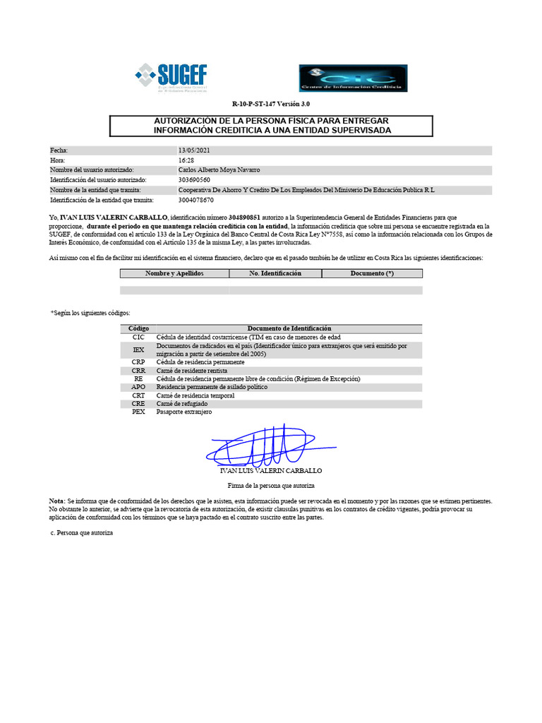 Autorizacion CIC | PDF | Documento de identidad