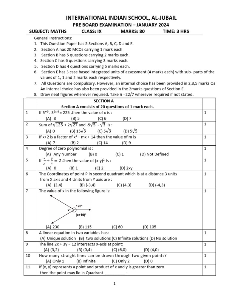 Pre Board Paper For Class 9th CBSE | PDF | Area | Cartesian Coordinate ...