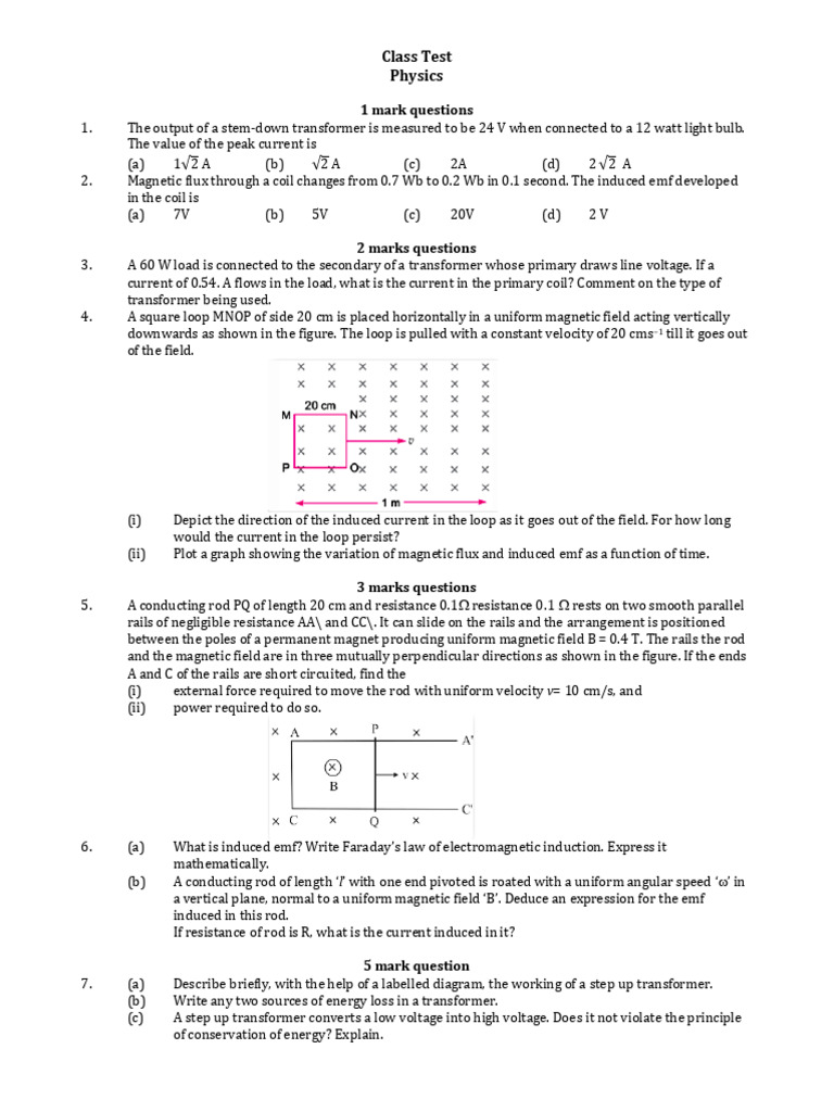 Physics Class Test Questions and Answers | PDF | Transformer ...